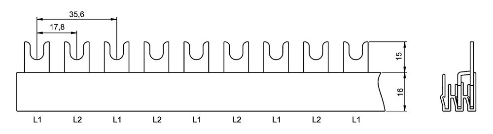 FTG, peigne 2P, double fourche, 10mm², en L, 56 modules, 16mm